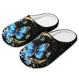 Coloranimal Pantoufles de spa &agrave; bout ferm&eacute; pour femme, chaussures dint&eacute;rieur en coton et lin, pantoufles dint&eacute;rieur en coton, Fleur bleue papillon lune, 38.5/39.5