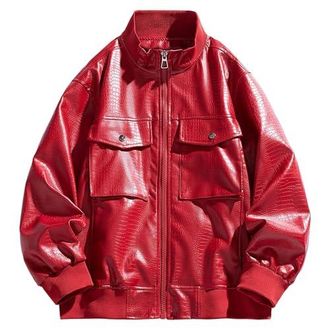 Generic Veste de moto d&eacute;contract&eacute;e en similicuir pour homme avec col montant et fermeture &eacute;clair &agrave; manches longues, Rouge, XXL