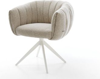 DELIFE Drehstuhl Jada-Flex Webstoff Soft Beige Kreuzgestell breit Wei&szlig; 360&deg; drehbar Wippfunktion Taschenfederkern, Esszimmerst&uuml;hle