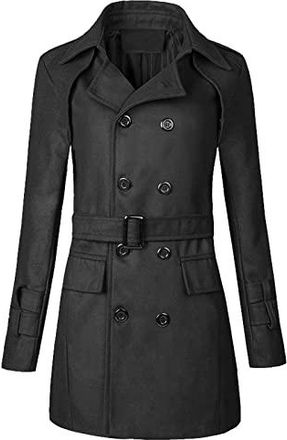 Generic Manteau Long Homme,Manteau &agrave; boutonni&egrave;re pour hommes Veste mi-longue coupe-vent chaude en laine avec ceinture et poign&eacute;es &eacute;l&eacute;gantes - casual et pour t