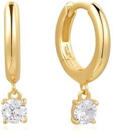 Ania Haie Boucles doreilles créoles Dusk Divas Drop Solitaire Huggies en argent sterling 925 plaqué or 14 carats, serties de 2 zircones, dimensions : 8,5 x 1,5 