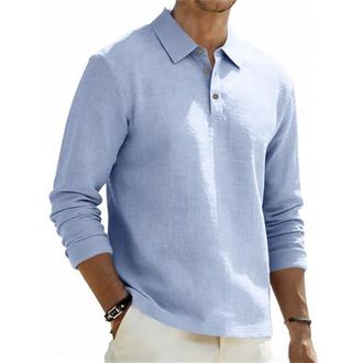 Generic DENGJIAMY - Polo en lin pour homme, d&eacute;contract&eacute;, vacances, golf, t-shirt tendance, col en V, manches longues, col classique, haut d&eacute;t&eacute; pour la plage, 