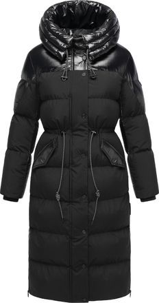 Navahoo Damen Langer Wintermantel warmer Steppmantel aus einem angesagten Materialmix und gro&szlig;er Kapuze Knusperherz 14 Black Gr. S
