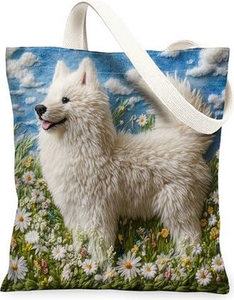 Generic Sac fourre-tout en toile motif chien samoy&egrave;de printanier 33 x 38,1 cm, sac d&eacute;picerie r&eacute;utilisable pour femme, sac d&eacute;picerie amusant pour animaux domes