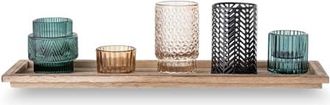 Bloomingville Sanga Windlicht-Set - Holztablett mit 5 farbigen Glas-Votivgl&auml;sern (6-teilig, 43&times;10,5&times;12,5 cm) - Skandinavische Deko f&uuml;r Wohnzimmer, Esstisch & Fenste