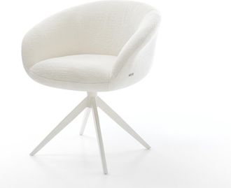 DELIFE Drehstuhl Vinka-Flex mit Armlehnen Bouclé Soft Beige Kreuzgestell breit Weiß 360° drehbar Wippfunktion Taschenfederkern, Esszimmerstühle