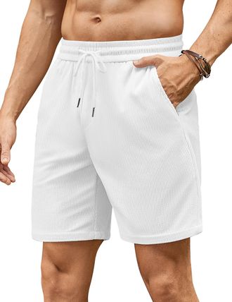 Coofandy Herren Kurze Hose Sommer Freizeit Leinen Baumwolle Elasticated Waist Corduroy Shorts mit Taschen Wei&szlig; 34