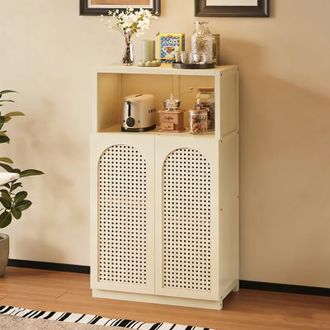 Generic Vintage-Sideboard aus Rattan mit gew&ouml;lbten Schrankt&uuml;ren Offene Regalb&ouml;den + geschlossene Stauf&auml;cher Teeschrank for zu Hause und Aufbewahrungsm&ouml;bel for