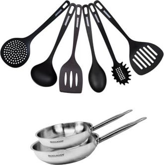 Fackelmann Fackelmann 9438450 2 Pfannen 20 und 24 cm Edelstahl 18/8 und 6 Eterna-Utensilien, f&uuml;r alle Herdarten, Induktionspfanne, PFAS-frei, genieteter Griff, E