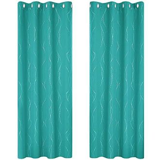 Deconovo Lot de 2 Rideau Occultant Thermique Anti Froid Isolant avec Motif Argente Rideaux Chambre Fille Oeillet 140x175cm Turquoise