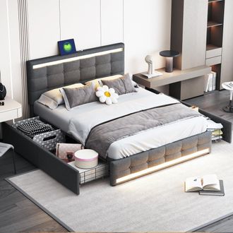 Generic Polsterbett Verstellbare Kopfteilh&ouml;he Einzelbett Leinenstoff mit USB-Ladestationen Plattformbett mit Stauraum f&uuml;r Erwachsene Jugendliche G&auml;stebett Ohn