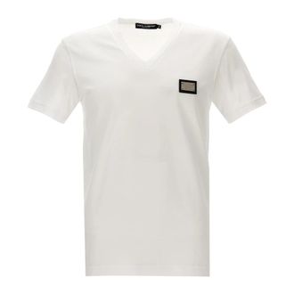 Dolce & Gabbana Baumwoll-T-Shirt mit V-Ausschnitt und Markenetikett - - Tops - Herren - Wei&szlig; - M
