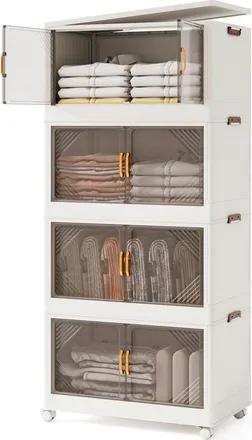 Costway 4 Bacs de Rangement Pliables avec Couvercle de 284 l, Conteneurs de Rangement Empilables &agrave; 4 Niveaux avec Roues et Portes, 65 x 39 x 142 cm
