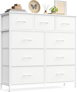 Songmics Kommode, Schrank, 9 Stoffschubladen, Aufbewahrungsschrank, Stahl, MDF, Vliesstoff, f&uuml;r Schlafzimmer, Flur, Wohnzimmer, wolkenwei&szlig;-schneewei&szlig; LGS324WH0