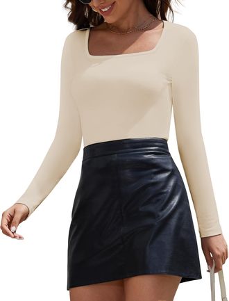 Joyshaper Damen Quadratischem Ausschnitt Langarmteeshirt Langarm Unterhemd Basic Lang&auml;rmeliges T-Shirt f&uuml;r Damens 3 Beige/Square Neck L