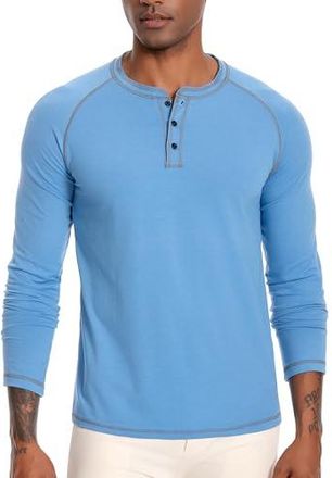 Nutria Henley U15A T-shirt à manches longues en coton pour homme Style décontracté Automne Printemps T-shirt léger Coupe ajustée avec bouton, bleu, XXL
