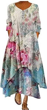 Generic Robe Femme Ete Mi Longue BohèMe Manches Longues Eté Boheme Dress Plissée avec Poches Mode Sundress Longue Chic Elegante Robes en Lin Lâche Longue Robe