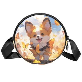Generic Petit sac &agrave; bandouli&egrave;re Circle pour femme, petit sac &agrave; bandouli&egrave;re Corgi avec fermeture &eacute;clair, bretelles r&eacute;glables, sac &agrave; main rond d&eacute;contract&eacute; pour 