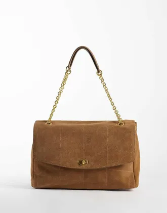Mango 100 % Leder-Wildleder-Stepp-Umh&auml;ngetasche mit Kettenriemen in Camel-Braun