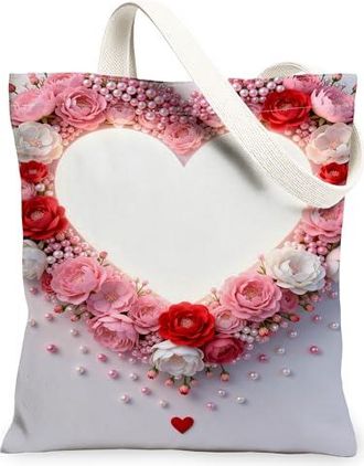 Generic Sacs fourre-tout en toile florale pour la Saint-Valentin, motif romantique en forme de coeur, sacs d&eacute;picerie r&eacute;utilisables, l&eacute;gers et lavables, p&ecirc;che,