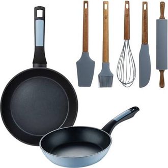 San Ignacio Set mit 2 Pfannen, &Oslash; 20 x 26 cm, aus gepresstem Aluminium, Blau + Set mit 5 K&uuml;chenutensilien aus Silikon und Holz NOIA San Ignacio