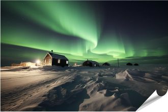 Islandburner Poster Nordlichter &uuml;ber schneebedecktem Polardorf Aurora Borealis Winternachtlandschaft - Poster 90x60cm