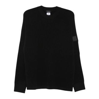 C.P. Company C.p. Company - Pull &agrave; col rond en maille c&ocirc;tel&eacute;e avec logo - Homme - Pulls - Noir - Taille: 2XL