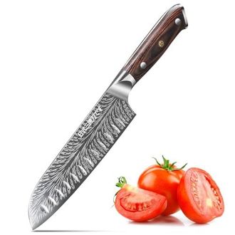 Plys Couteau japonais Santoku Knife couteau de chef longueur de lame 17,6 cm en acier au carbone allemand manche en bois marron
