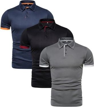 Generic Lot de 3 polos à manches courtes pour homme - Évacuation de lhumidité - Vêtements de travail boutonnés - Haut de golf fin, Polos gris pour homme, L