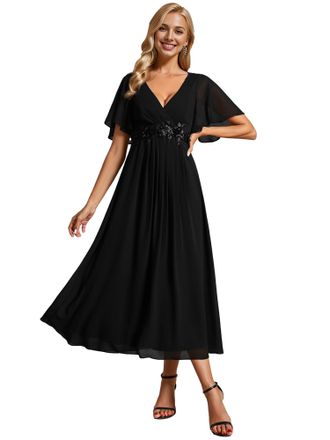 Ever-pretty Abendkleider Damen Elegant für Hochzeit Knöchellang Hochzeitsgäste Kleid Cocktailkleid Festliche Kleider Schwarz 58