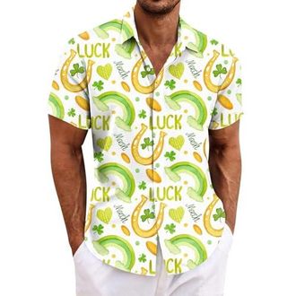 Generic Chemise de la St Patrick pour homme, t-shirt hawa&iuml;en irlandais avec tr&egrave;fle porte-bonheur, chemisier &agrave; boutons &agrave; manches courtes, haut ample d&eacute;contract
