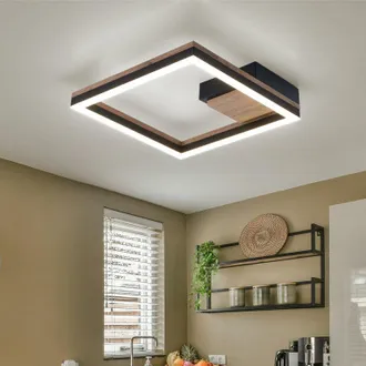 Globo Lighting Plafonnier led bois salon plafonnier design noir, métal mdf, 12W 600Lm blanc chaud, LxPxH 27x27x5,4 cm