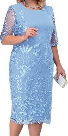 Minetom Femme Robe en Dentelle De Soie À Manches 3/4 Au Genou Robe pour Mariage Cocktail Robe Grande Taille B Bleu XXL