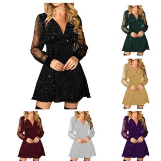 Generic Glitzer Kleid Damen Cocktailkleid V-Ausschnitt Chiffon Abendkleider Langarm A-Linien Abendkleid Partykleid Kleider Mesh Minikleid Elegant Cocktailklei