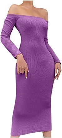 Generic 2026 Robe amincissante manches pull chaud automne robe et hanche col V hiver femme mince mince long, violet, S