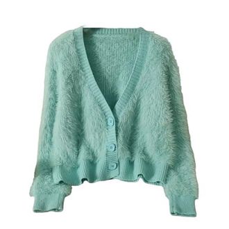 Generic Pull court en fourrure douce pour femme Style paresseux Col en V, Bleu, taille unique