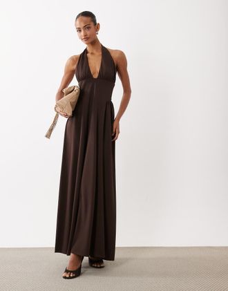 Asos Robe longue dos nu avec c&ocirc;t&eacute;s fronc&eacute;s - Chocolat-Marron