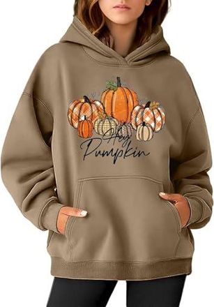 Generic 2026 Chandail à capuche décontracté à manches longues avec poche pour femme Motif citrouille, kaki, 3XL