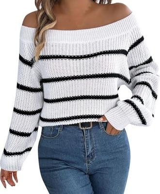 Generic Pull rayé surdimensionné à épaules dénudées pour femme - Pull dautomne à manches chauve-souris - Pull ample en tricot, blanc, XL