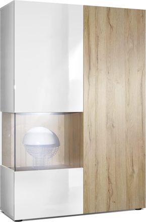 Vladon Vitrine Kommode Hochschrank Morena, Made in Germany, Korpus in Wei&szlig; matt/Rechte T&uuml;r und der Einsatz in Eiche Natur, inkl. LED Beleuchtung