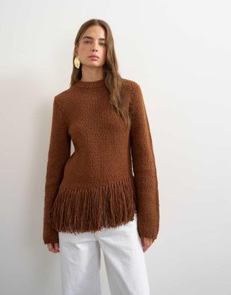 Topshop Strickpullover mit asymmetrischen Fransen in Gingerbread-Braun