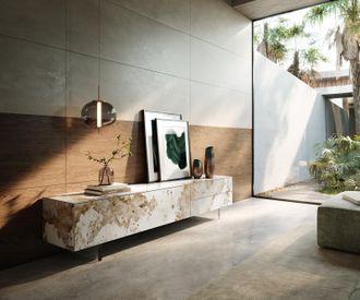 DELIFE Lowboard Cuor 220 cm Keramik Minas Melange Wei&szlig;-Beige 1 Klappe 2 Schubf&auml;cher Fu&szlig; Schwebeoptik Acrylglas, Lowboards