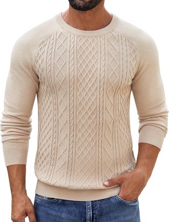 Coofandy Pullover Herren Strick Langarmshirt Winter Warm Zopfmuster Rundhalsausschnitt Herrenpullover Business Casual Pulli Khaki XXL