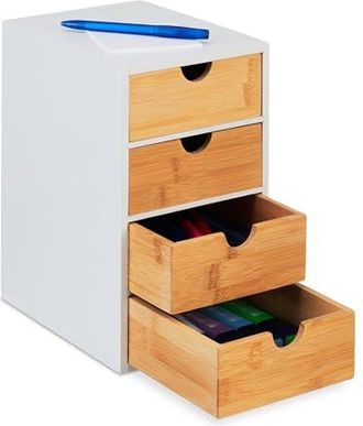 Relaxdays Schubladenbox, Bambus, 4 Schubladen, HxBxT: 27,5 x 16,5 x 21 cm, Schreibtisch Organizer, B&uuml;ro, natur/wei&szlig;