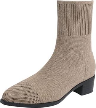 Generic Bottines courtes en tricot extensible pour femme - &Eacute;l&eacute;gantes - Couleur unie - Bout pointu - Respirantes - Talon &eacute;pais - Confortables - &Agrave; enfiler - Sty