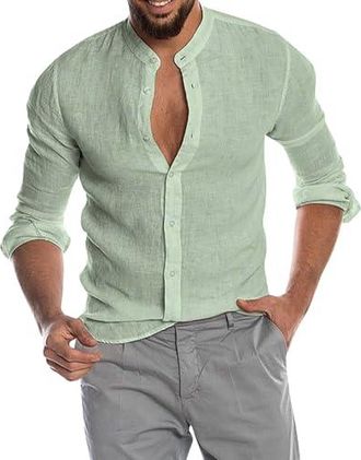 Generic Chemise en lin blanc pour homme, chemise en lin, chemises &agrave; manches longues, chemises blanches, coupe droite, t-shirt noir, col en V, hauts d&eacute;contract
