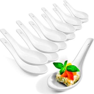 Com-Four 12x cuill&egrave;res &agrave; soupe asiatiques - cuill&egrave;res &agrave; riz en porcelaine blanche - cuill&egrave;res de service pour bols de riz, ramen, ap&eacute;ritifs, desserts - cuill&egrave;r