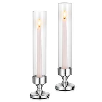 Nuptio Silber Kerzenst&auml;nder Glaszylinder Kerzenhalter: 2er Glas Stabkerzenhalter Stabkerzen Hochzeit Tisch mit Glasaufsatz Ohne Boden Windlicht Glas Zylinder