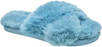 Nine West Pantoufles crois&eacute;es pelucheuses pour femme - En peluche douce - Bout ouvert - Avec semelle en mousse &agrave; m&eacute;moire de forme, bleu, Medium
