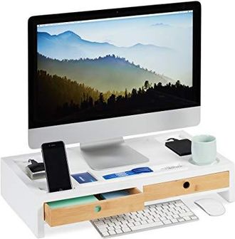 Relaxdays Monitorständer, XL Bildschirmerhöhung aus Bambus & MDF, 2 Schubladen, Organizer, HBT 11 x 58,5 x 32,5 cm, weiß